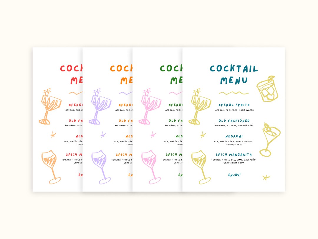 Handdrawn Aesthetic Modern Cocktail Menu for Dinner Parties - Etsy