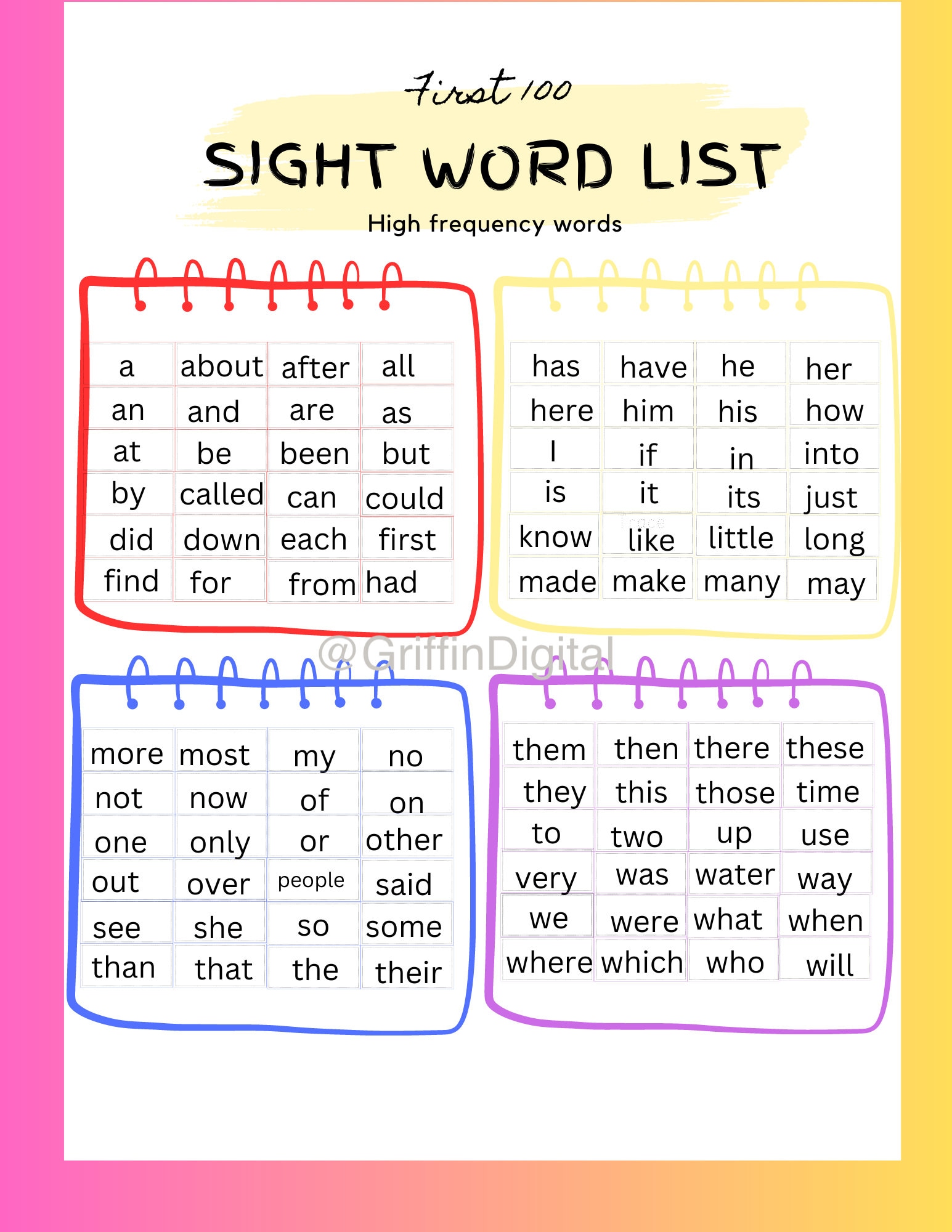 100 Printable First Hundred Sight Word Worksheets. Prek-1st - Etsy