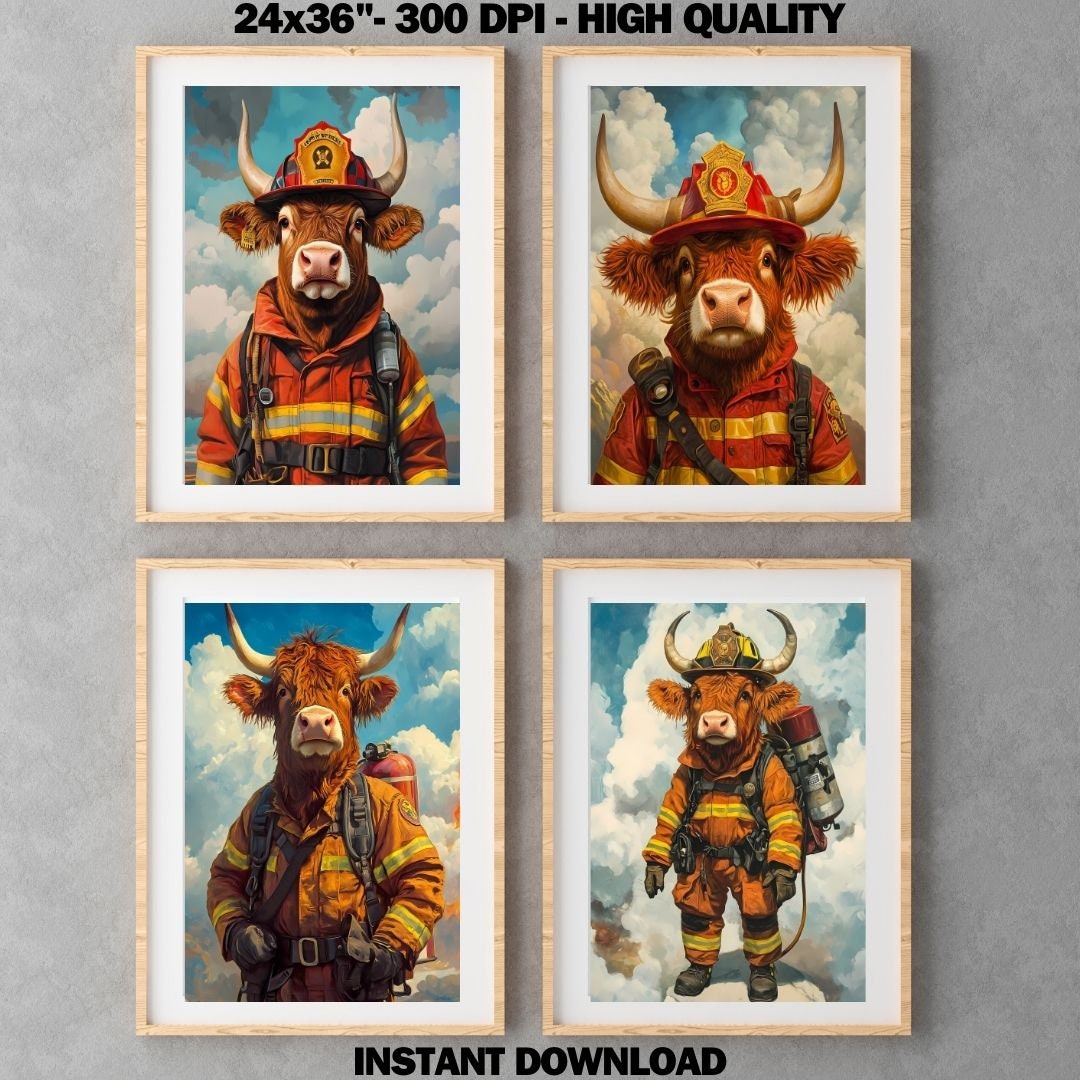 Highland Cow Firefighter Poster, Farm Animal Artwork, Firefighter ...
