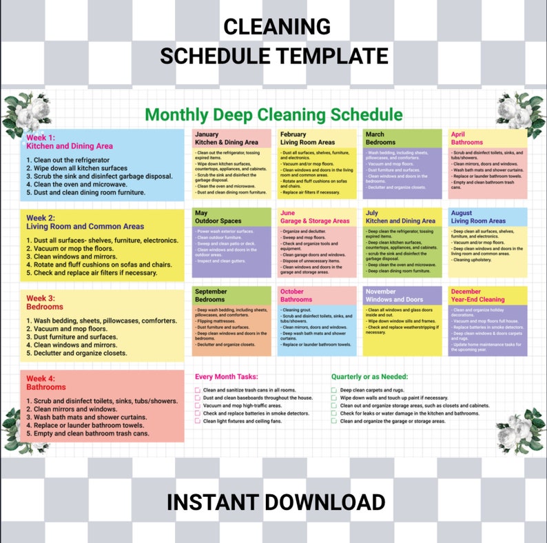Monthly Deep Cleaning Schedule Printable, Home Cleaning Planner, Weekly ...
