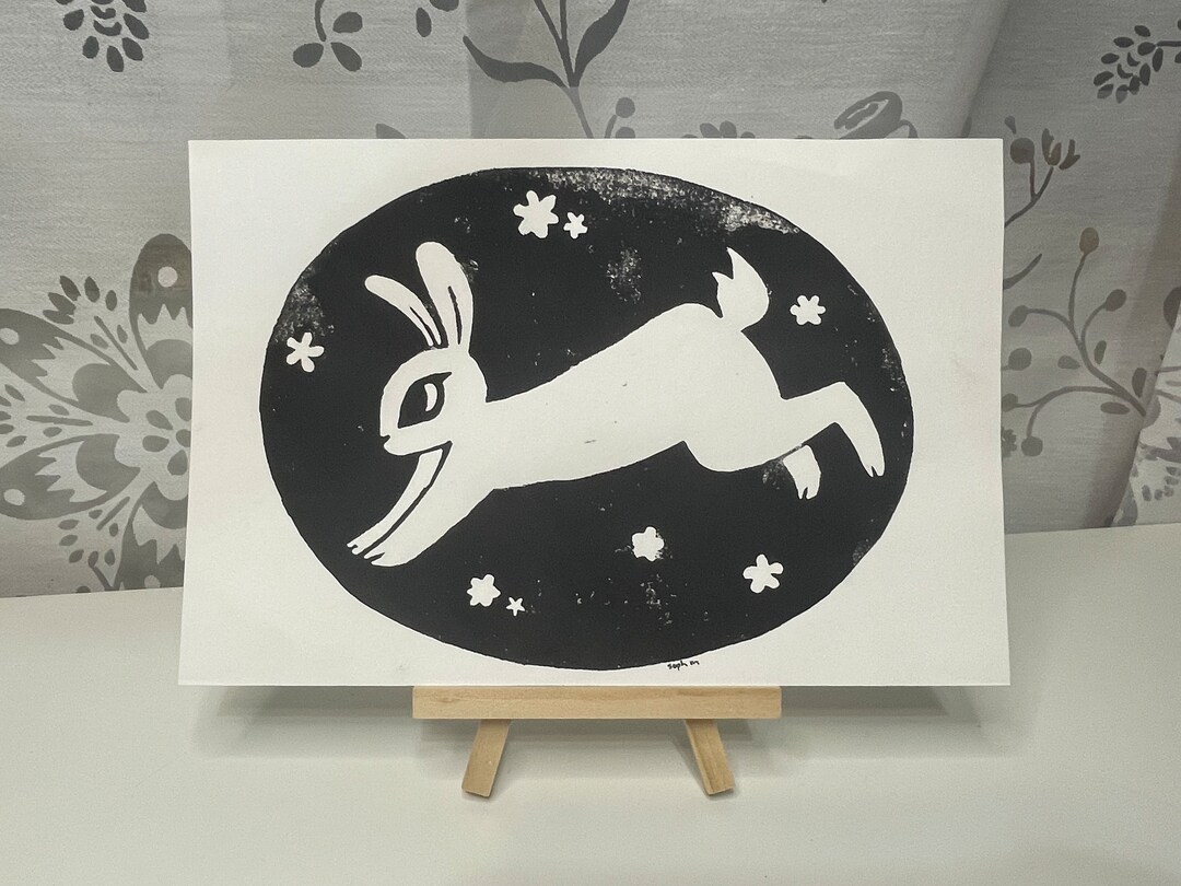 Hand Printed Linocut Rabbit - Etsy