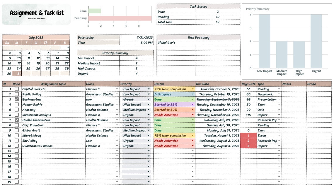 Digital School Planner for Googlesheets Academic Planner for Students ...