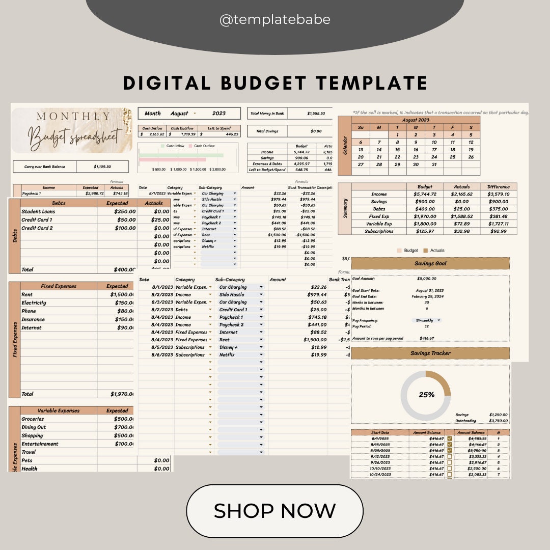 Beige Digital Monthly Budget Template With Savings Tracker (google ...