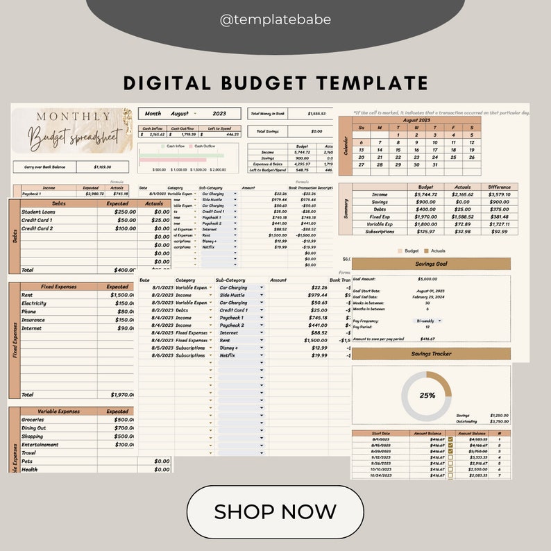 Beige Digital Monthly Budget Template With Savings Tracker (google ...