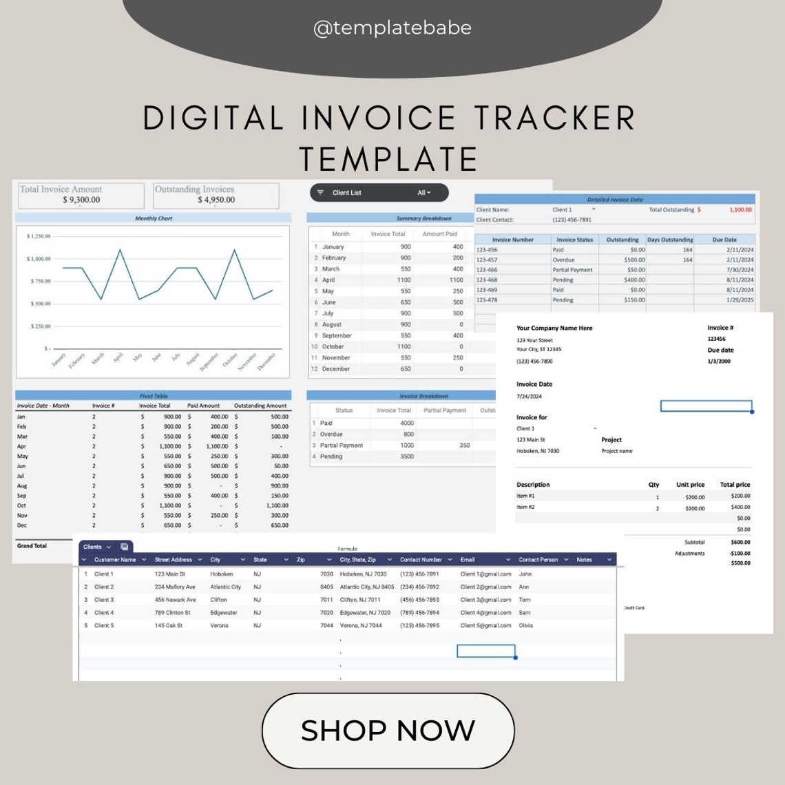 Invoice Tracker Spreadsheet Template | Dashboard, Invoice Tracker, Customer List, Sample Invoice ...