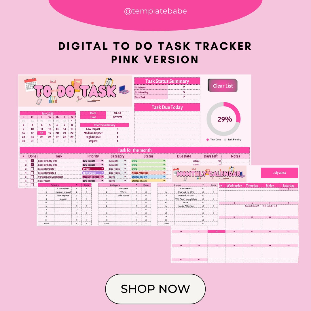Pink Theme - Monthly Task Planner To-do List for Googlesheets (INSTANT ...