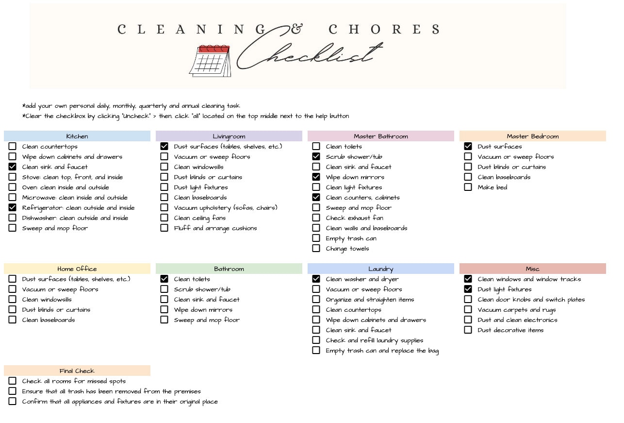 Cleaning Checklist Spreadsheet Template Google Sheets (INSTANT DOWNLOAD ...