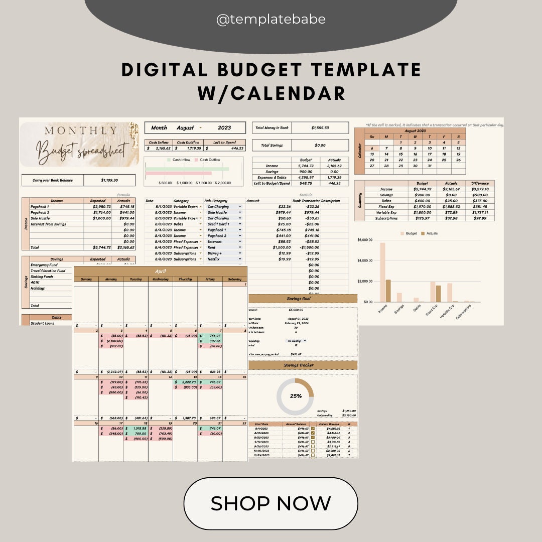 Digital Monthly Budget Template With Savings Tracker and Calendar ...