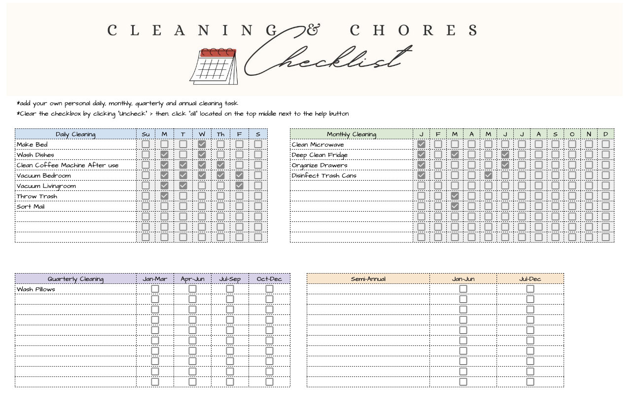 Cleaning Checklist Spreadsheet Template Google Sheets (INSTANT DOWNLOAD ...