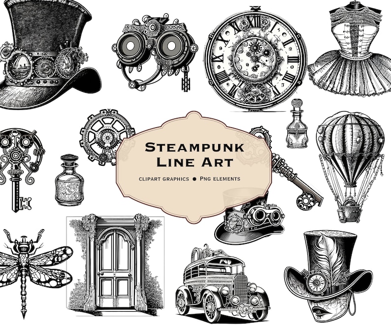 Steampunk Line Art Clipart Fantasy Clipart Graphics and - Etsy