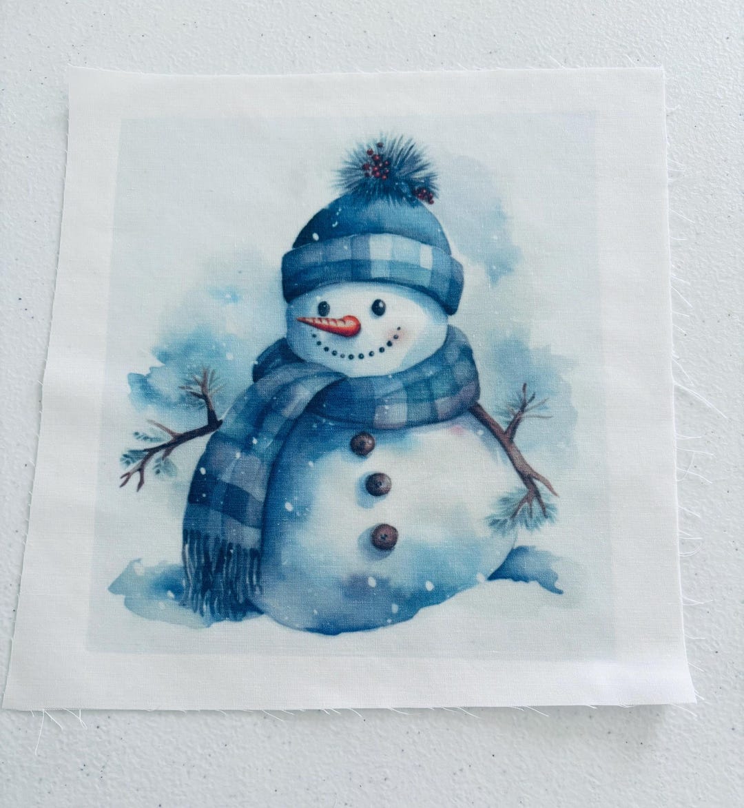Watercolor Snowman -fabric Panel Square ~4"x4",5x5, 6x6, 8,x8 10x10 ...