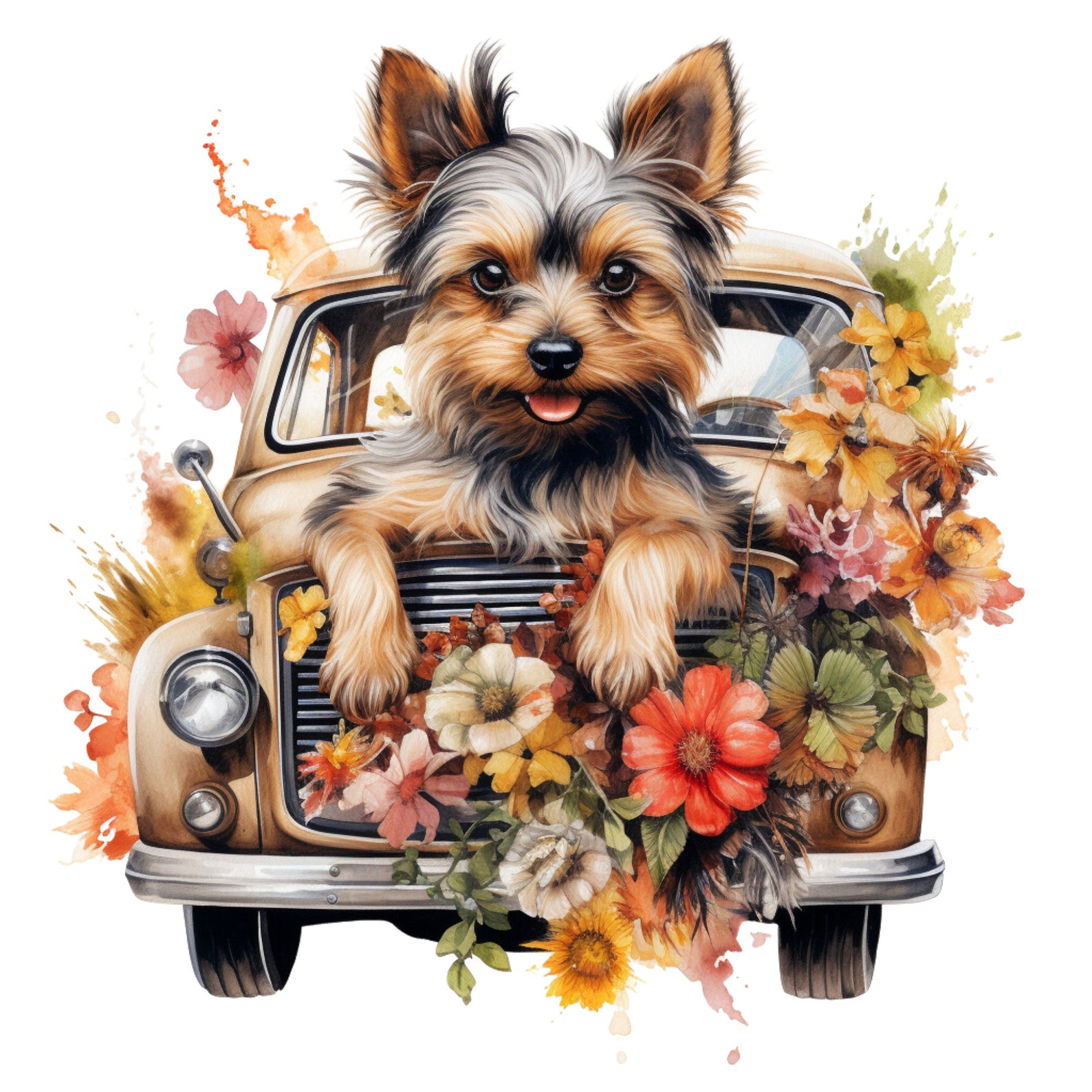 Yorkie Dog and Vintage Vehicle With Flowers Fabric Panel 4,5,6, 8, 10 ...