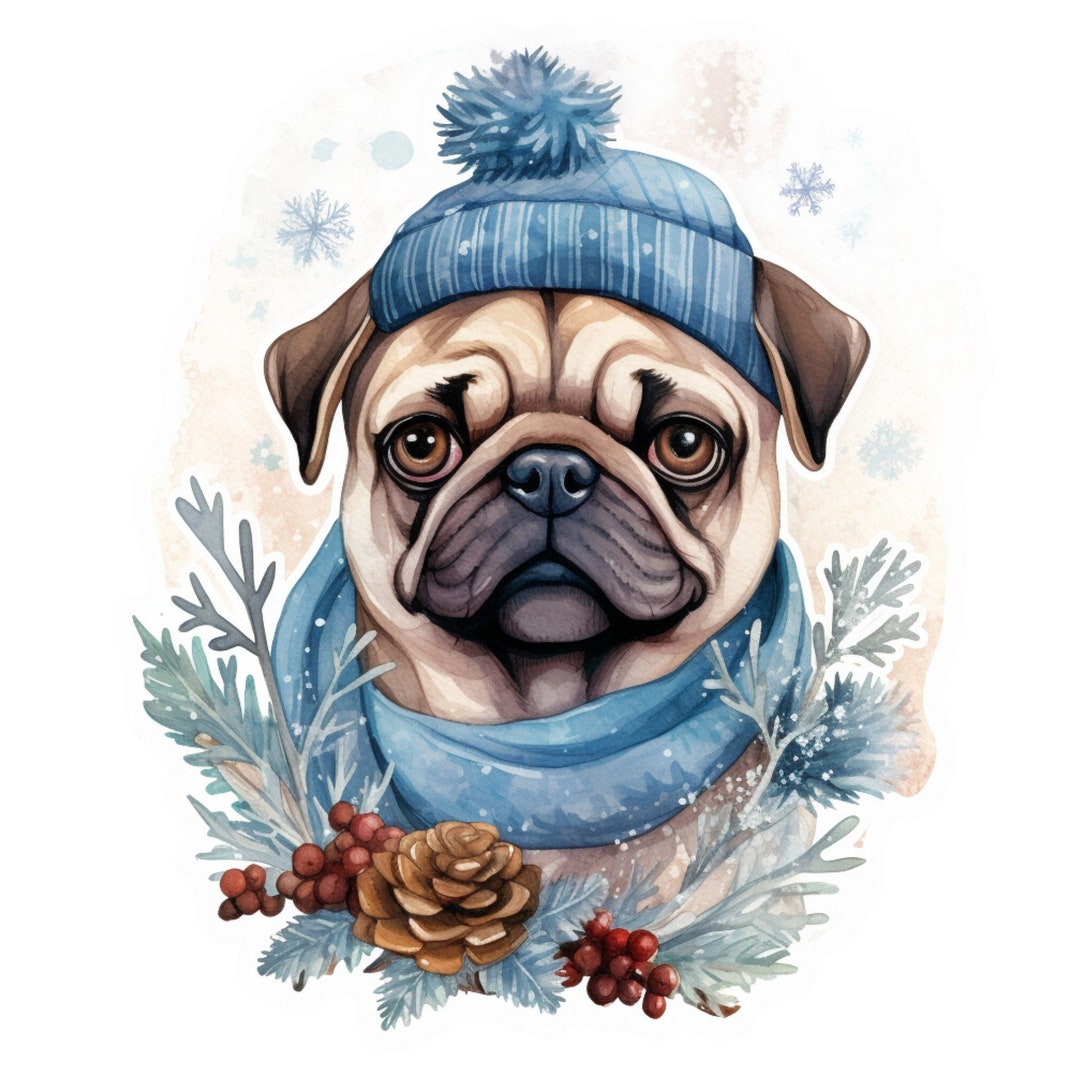 Winter Pug Dog Fabric Panel ~4,5, 6, 8, 10, 12, 14, Inch Fabric Panel ...