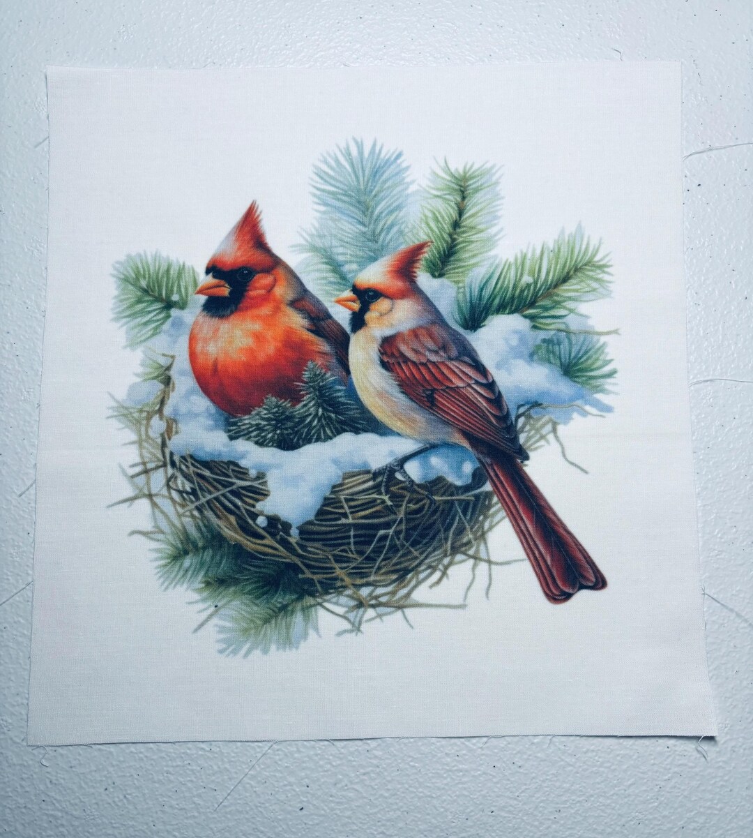 Cardinals Male and Female - Fabric Panel ~4"x4",5x5, 6x6, 8x8, 10x10 ...
