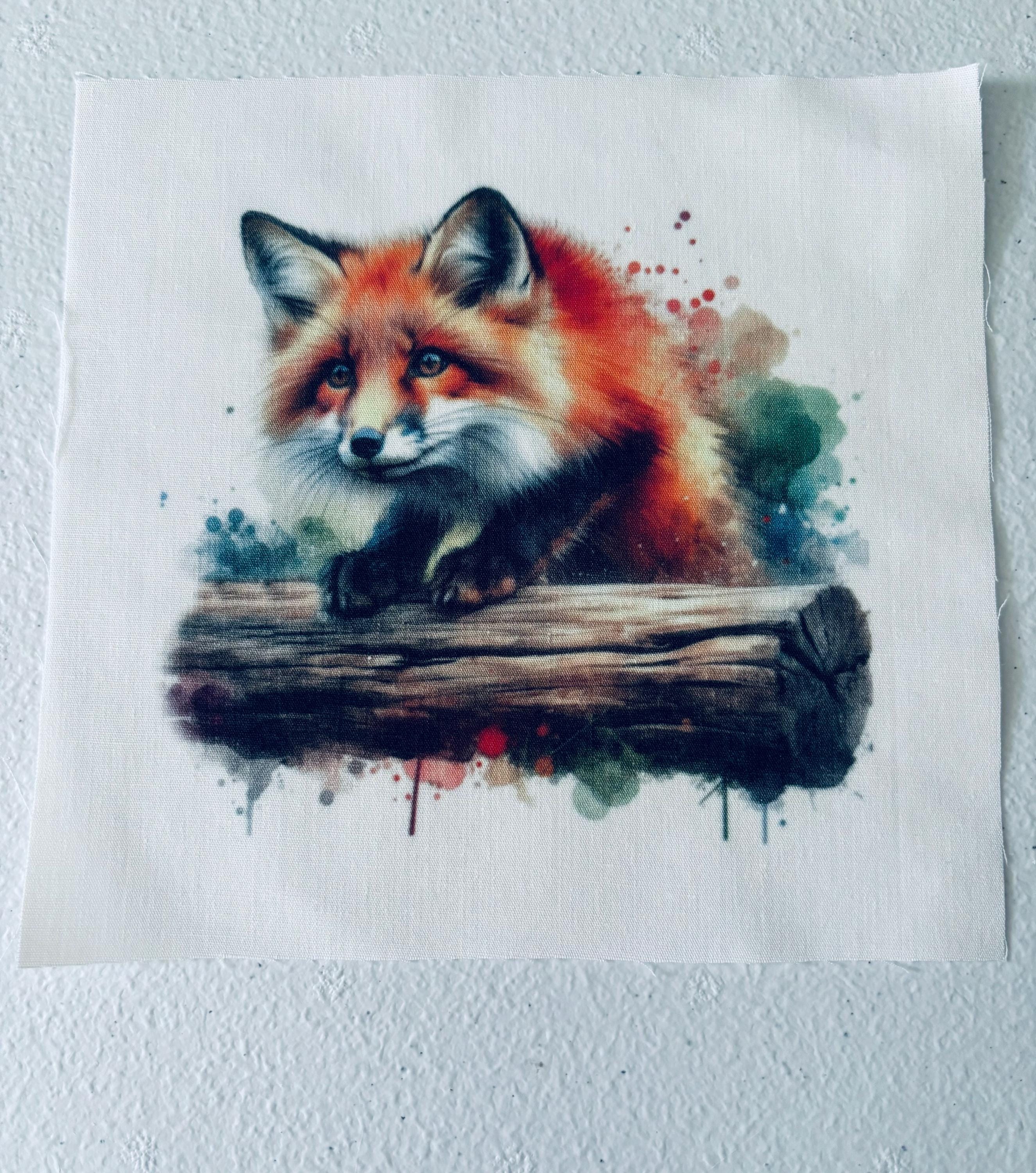Red Fox on Log -fabric Panel Square ~4,5, 6, 8, 10, 12, 14, Inch Fabric ...