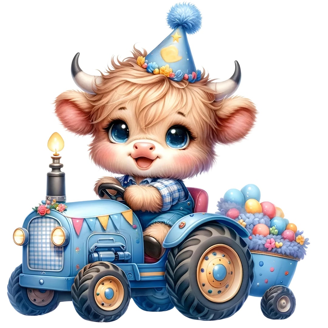 Highland Cow on Blue Tractor - Fabric Panel Square ~4"x4",5x5, 6x6, 8x8 ...