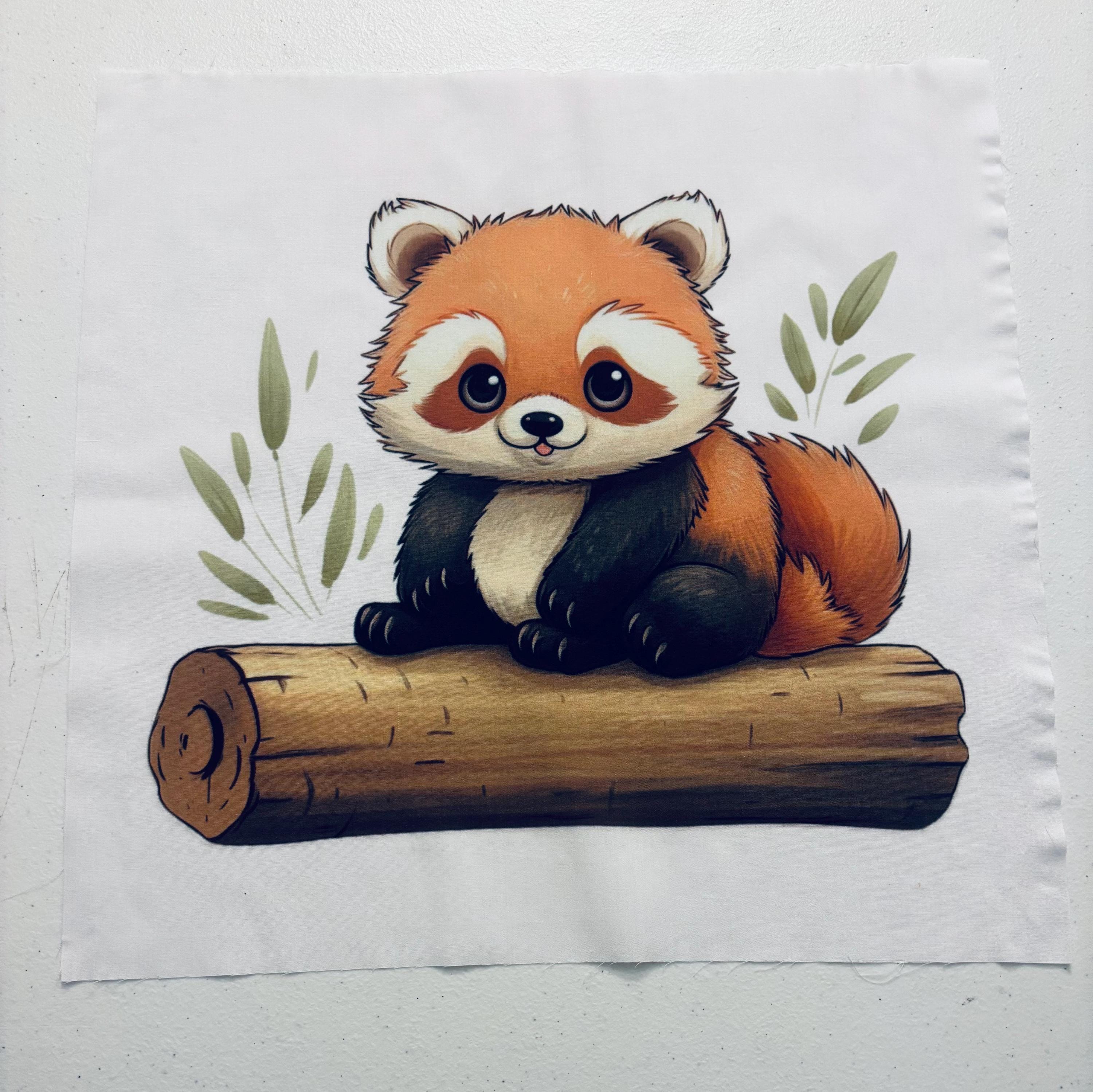 Cute Red Panda on Log - Fabric Panel Square ~4"x4",5x5, 6x6, 8x8, 10x10 ...