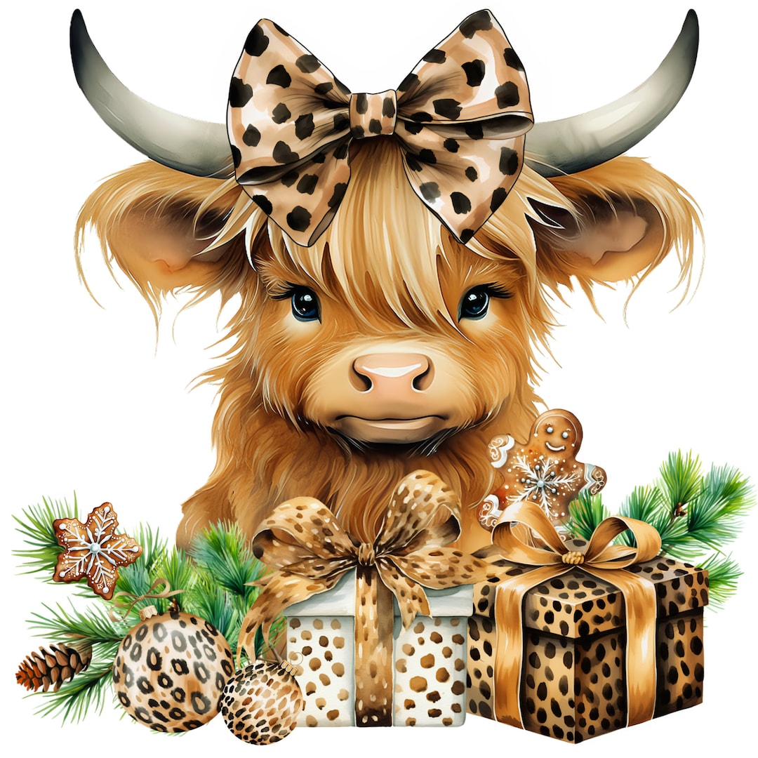 Highland Cow With Gingerbread Man- Fabric Panel ~4,5, 6, 8, 10, 12 ...