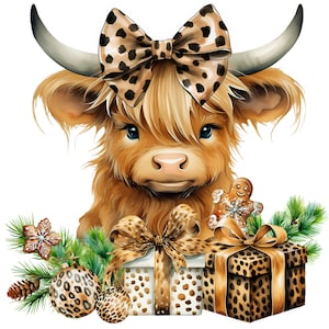 Highland Cow With Gingerbread Man- Fabric Panel ~4,5, 6, 8, 10, 12 ...