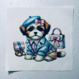Shih Tzu Dog in Pink- Fabric Panel Square ~4"x4",5x5, 6x6, 8x8, 10x10 ...