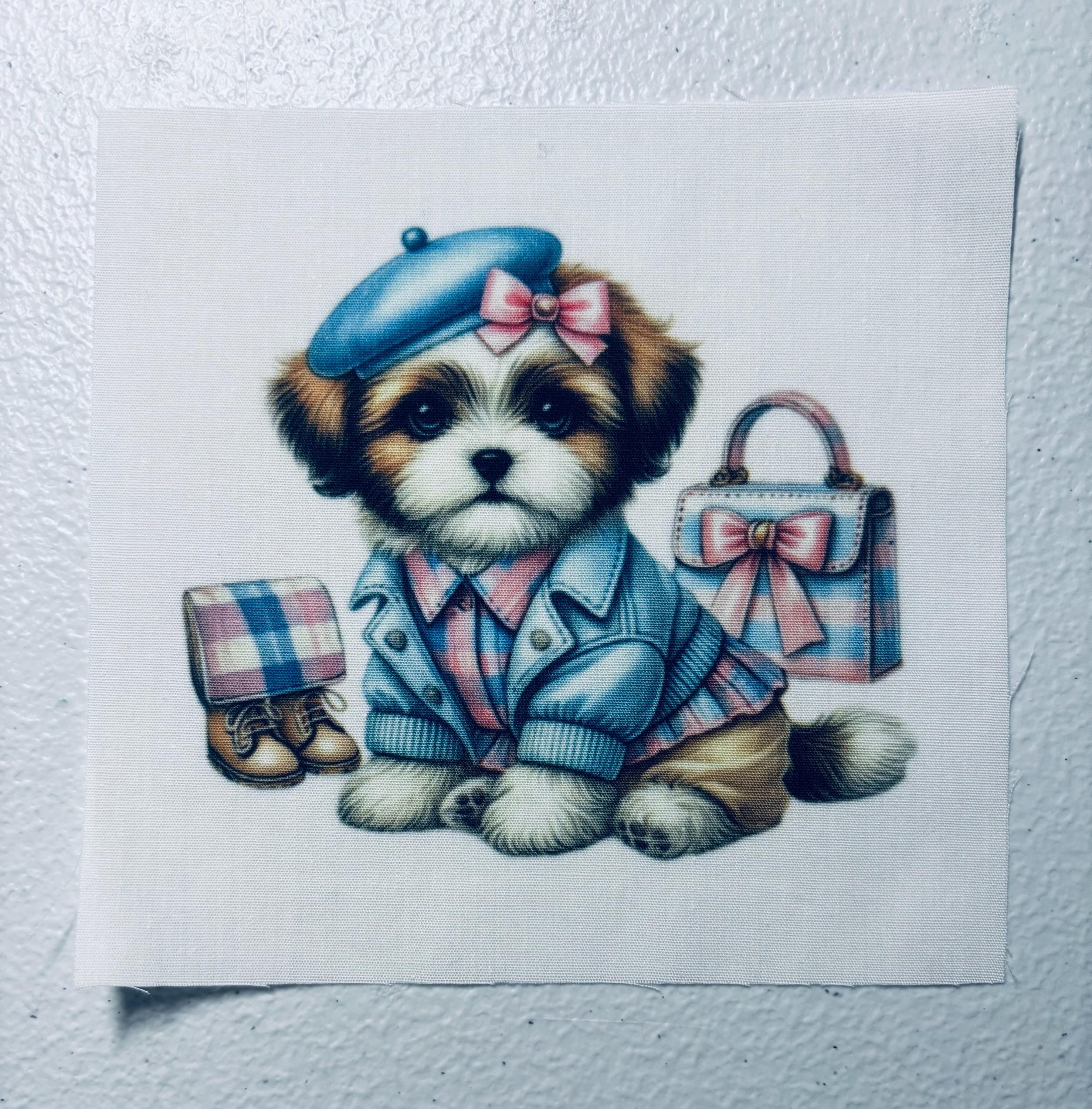 Shih Tzu Dog in Pink- Fabric Panel Square ~4"x4",5x5, 6x6, 8x8, 10x10 ...