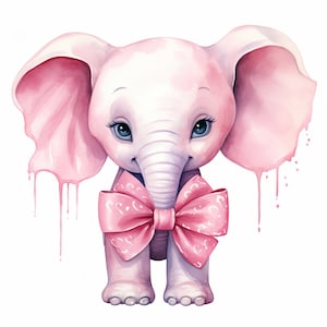 Watercolor Elephant With Pink Bow Fabric Panel ~ 4,5,6, 8, 10, 12, 14 ...