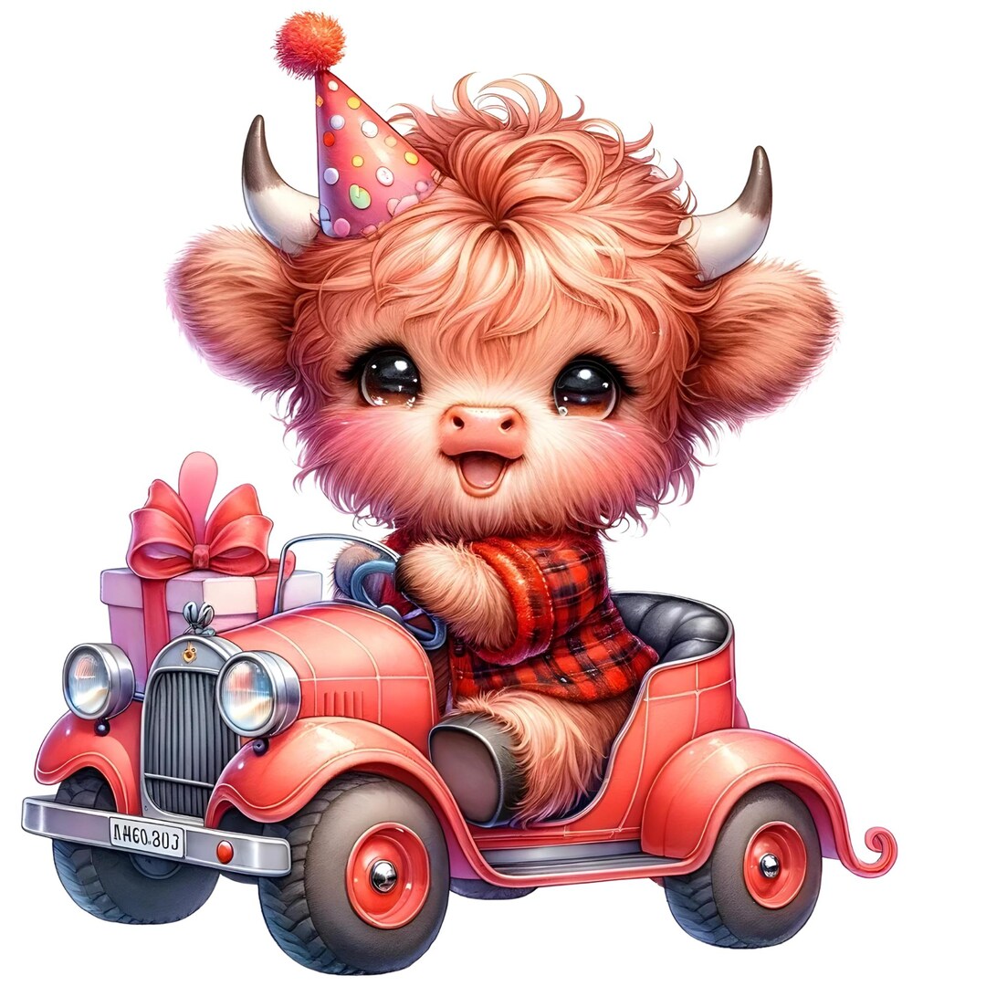 Highland Cow Red Car & Gift - Fabric Panel Square ~4"x4",5x5, 6x6, 8x8 ...