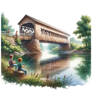 Covered Bridge Fishing- Fabric Panel Square ~4"x4",5x5, 6x6, 8x8, 10x10 ...