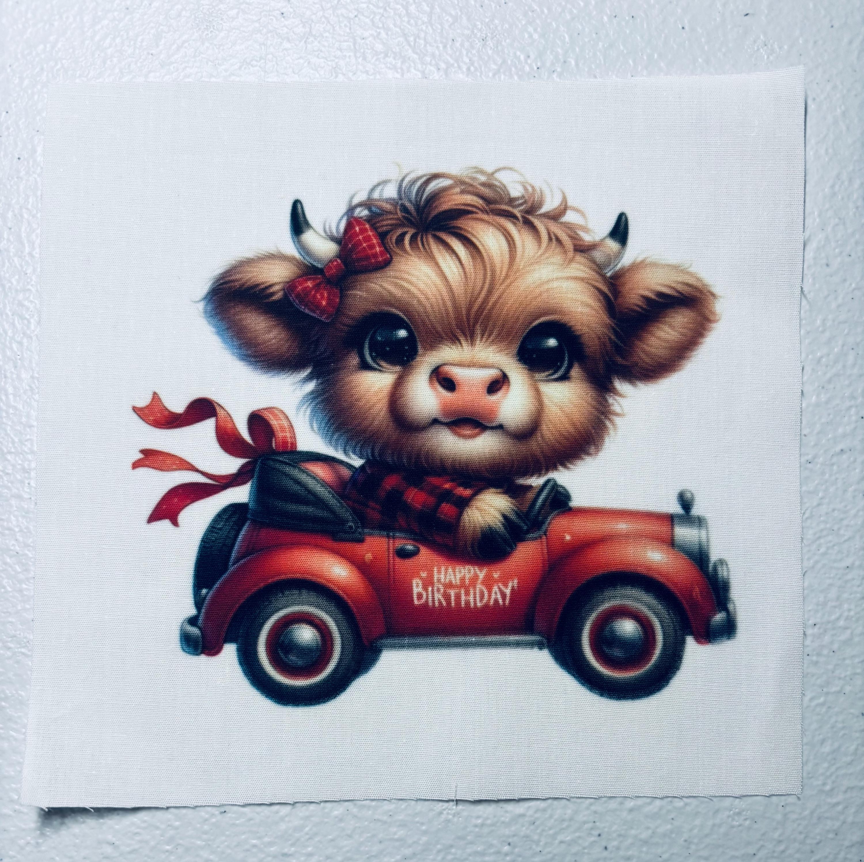 Highland Cow Car - Fabric Panel Square ~4"x4",5x5, 6x6,8x8,10x10,12x12 ...