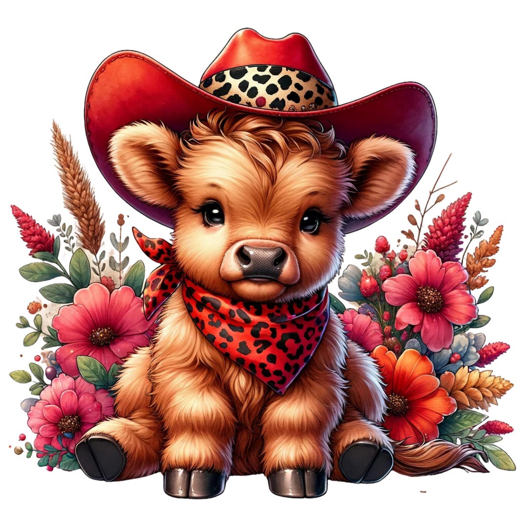 Highland Cow Red Flowers - Fabric Panel Square ~ 4"x4",5x5,6x6, 8x8 ...