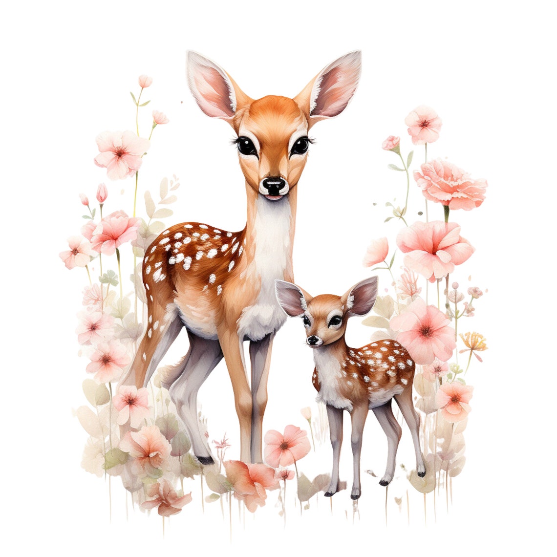Two Fawns and Flowers Fabric Panel ~ 4,5,6, 8, 10, 12, 14, Inch Fabric ...