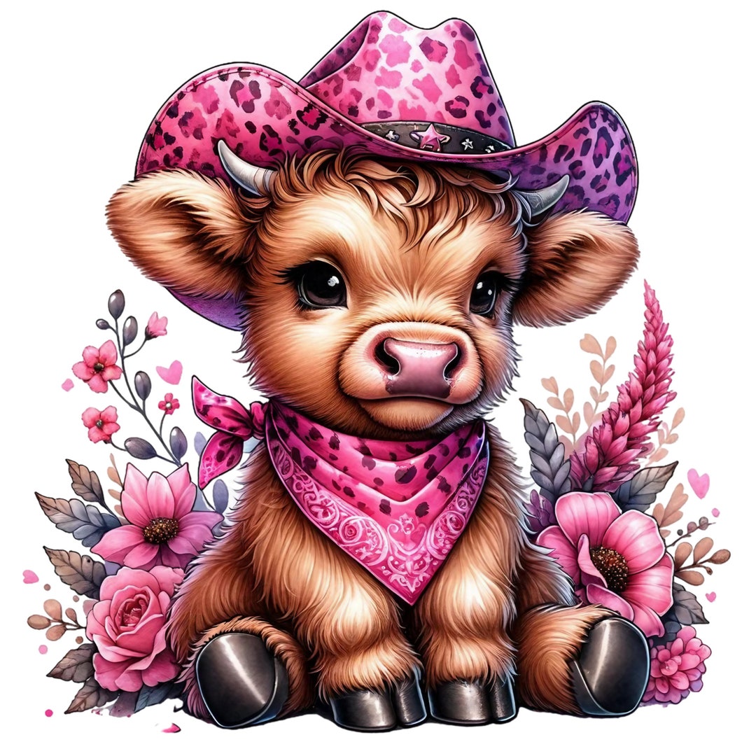 Highland Cow & Pink Hat- Fabric Panel Square ~4"x4", 5x5, 6x6, 8x8 ...