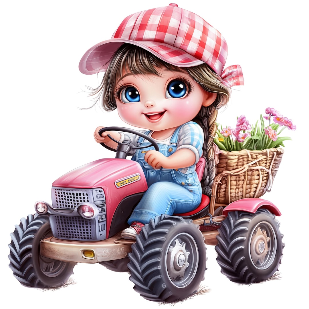 Girl on Tractor With Flowers- Fabric Panel Square ~ 4"x4",5x5,6x6, 8x8 ...