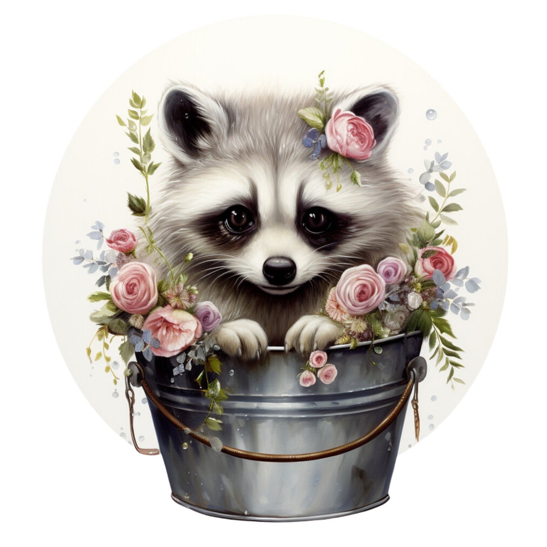 Raccoon in A Tin Bucket -fabric Panel Square ~ 4"x4",5x5,6x6, 8x8 ...