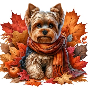 Yorkie Red Leaves Fabric Panel 4,5,6, 8, 10, 12, 14 Inch Fabric Panel ...