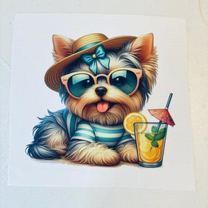 Yorkie With Drink- Fabric Panel Square ~4,5, 6, 8, 10, 12,14, Inch ...