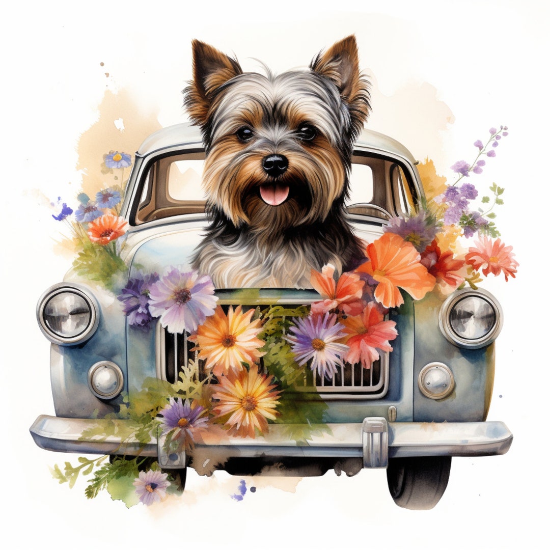 Yorkie Dog and Vintage Vehicle Fabric Panel ~ 4,5,6, 8, 10, 12, 14 Inch ...