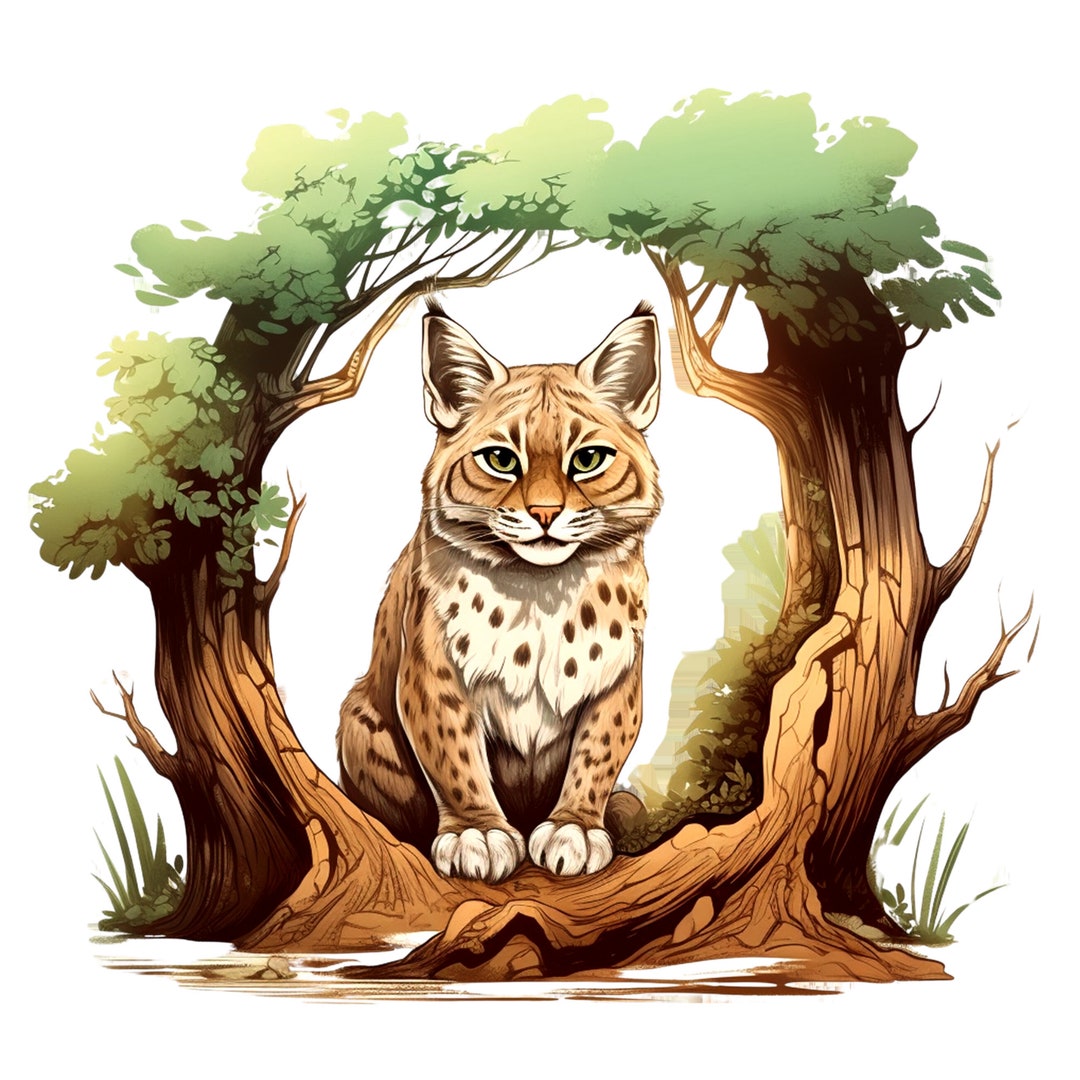 Bobcat Under Tree - Fabric Panel ~4,5, 6, 8, 10, 12, 14 Inch Fabric ...
