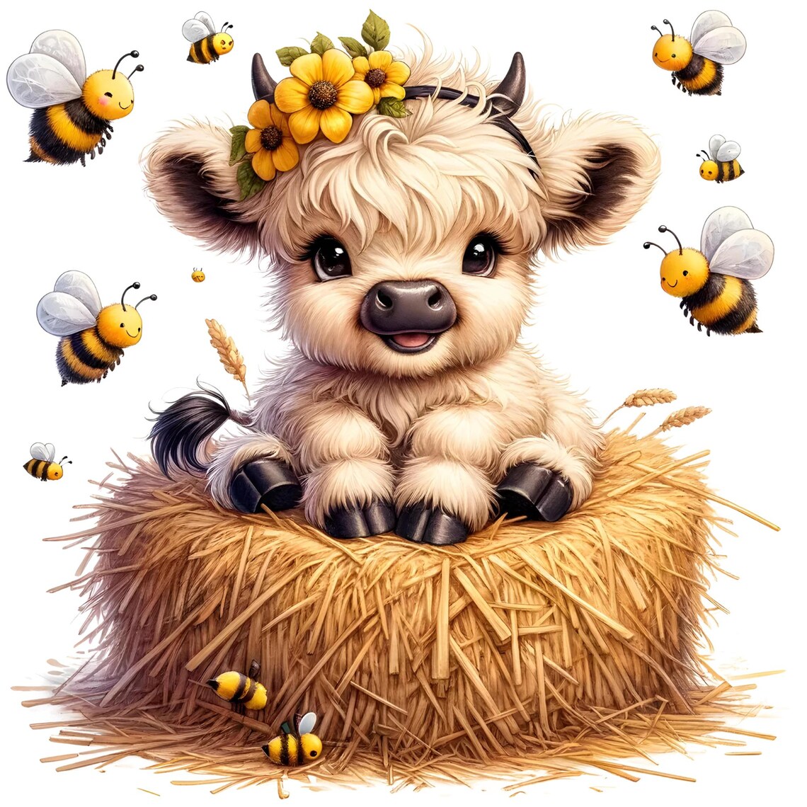 Highland Cow Hay - Fabric Panel Square ~ 4,5,6, 8, 10, 12, 14 Inch for ...