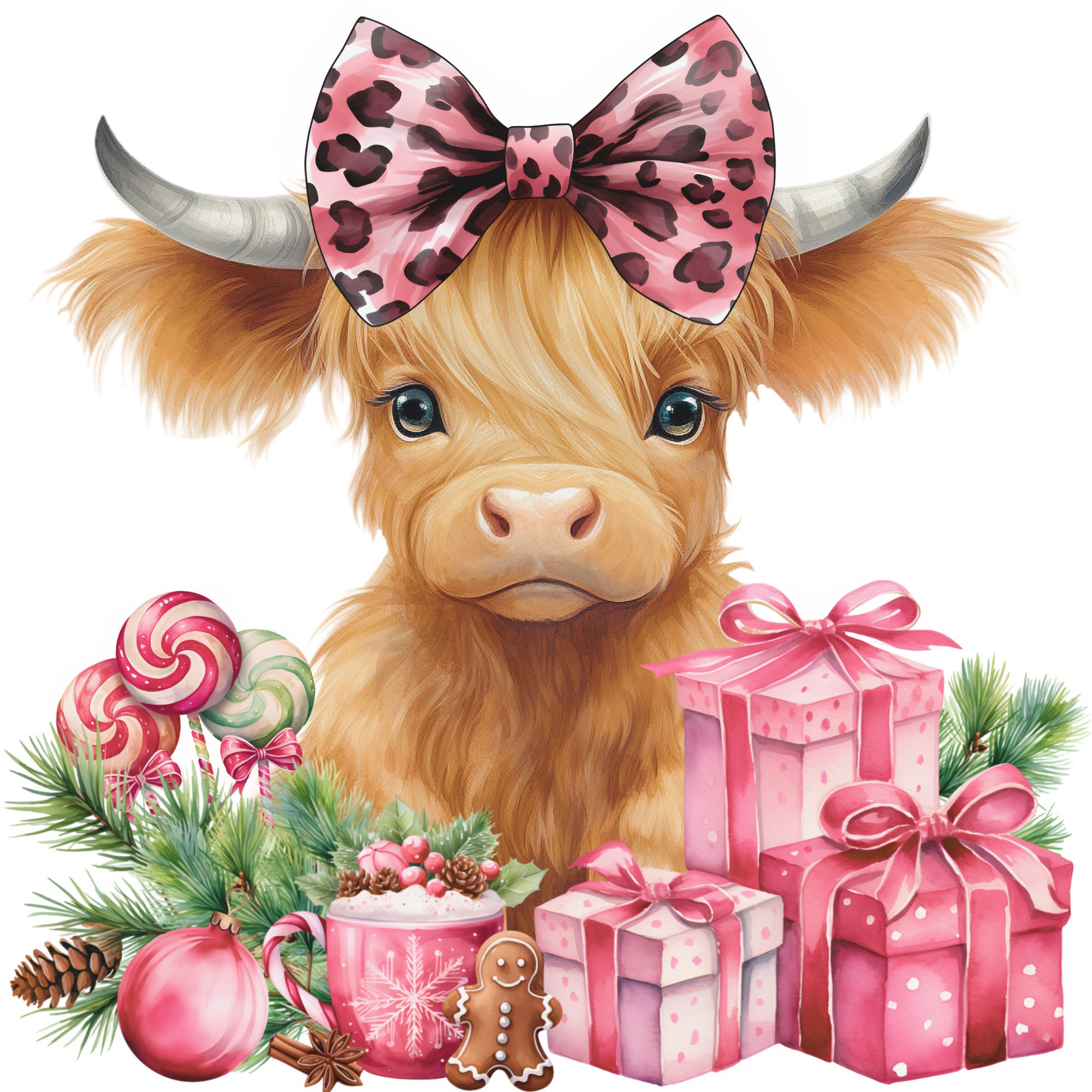 Highland Cow With Pink Gifts Fabric Panel 6, 8, 10, 12,14, Inch Fabric Panel for Sewing Projects ...