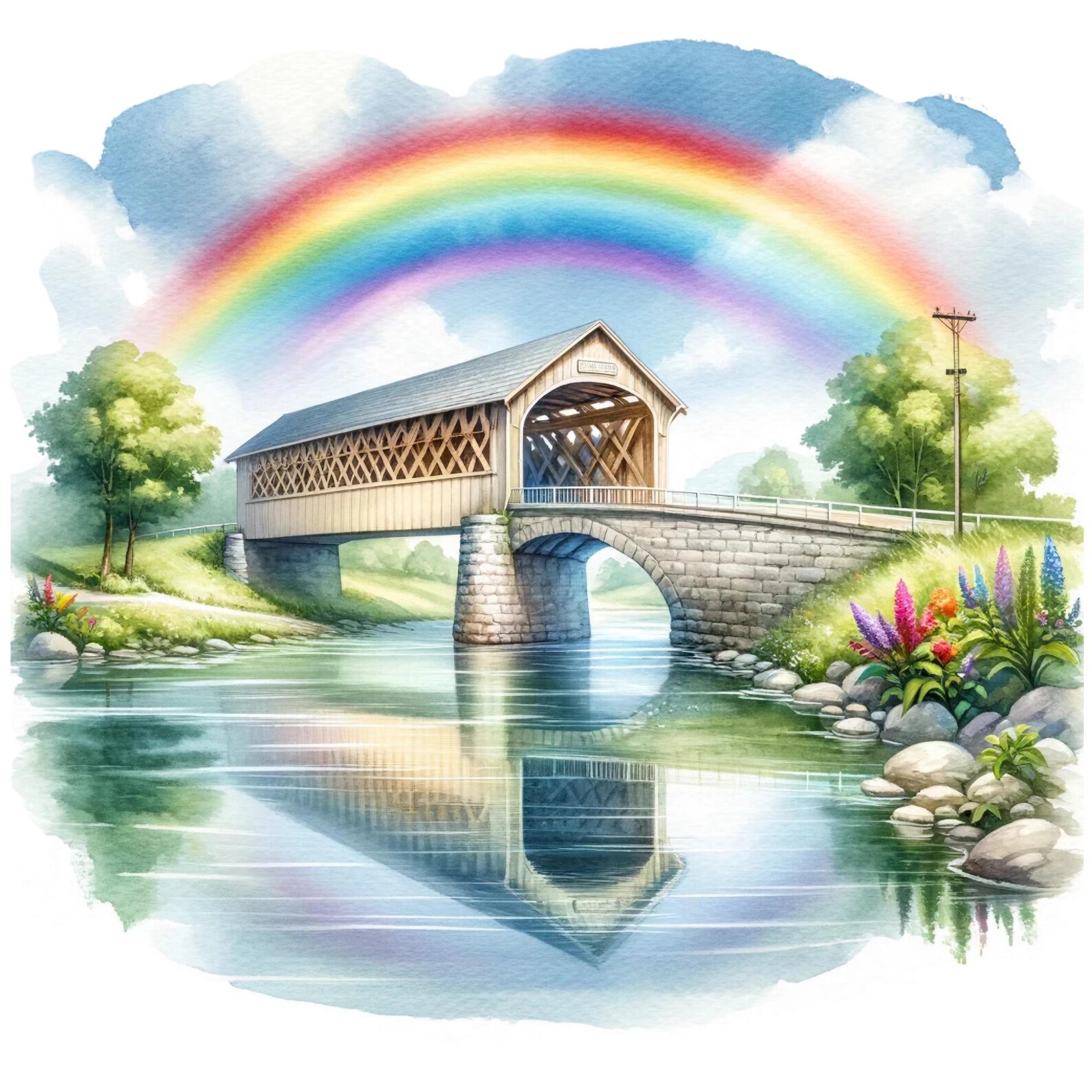Covered Bridge & Rainbow- Fabric Panel Square ~4"x4",5x5, 6x6, 8x8 ...