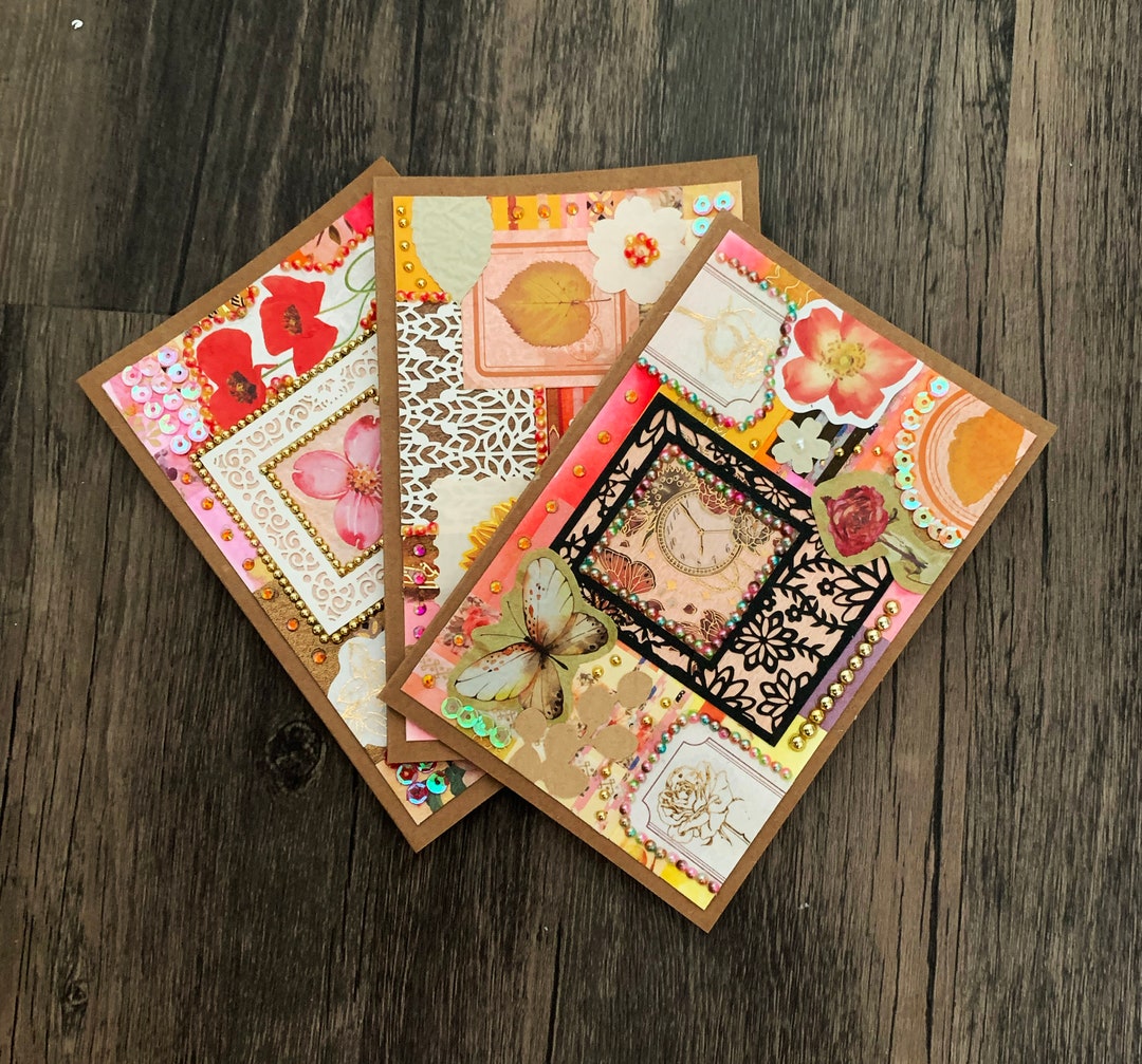 3 Collage Art Cards - Birthday, Anniversary, Wedding, Blank Greeting ...