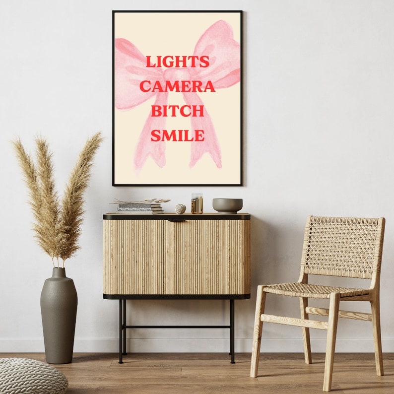 Coquette Pink Ribbon Digital Print, Lights Camera Smile Poster, Broken ...