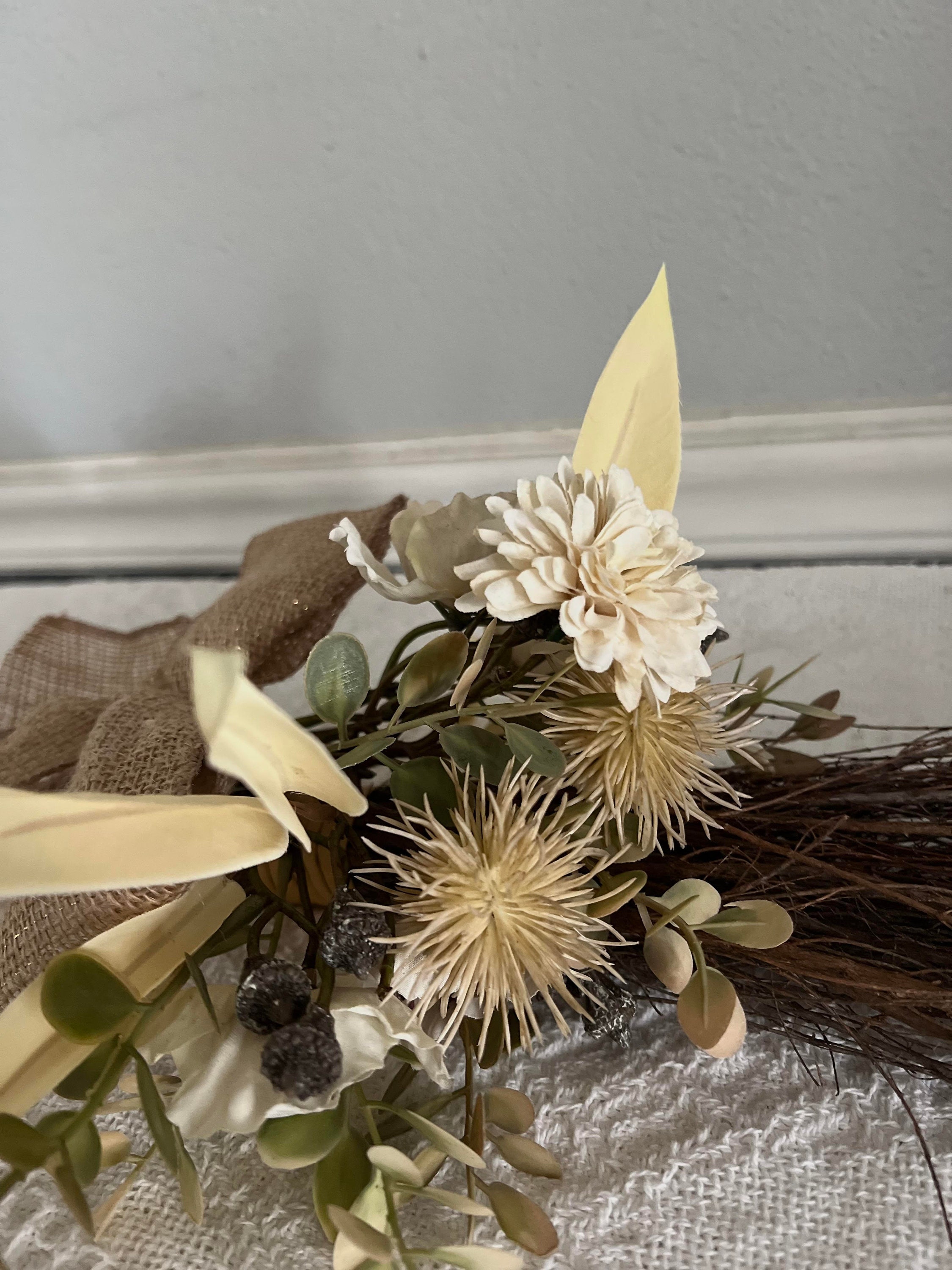 Witches Broom With Cream and Brown Florals, Halloween Broom Decoration ...