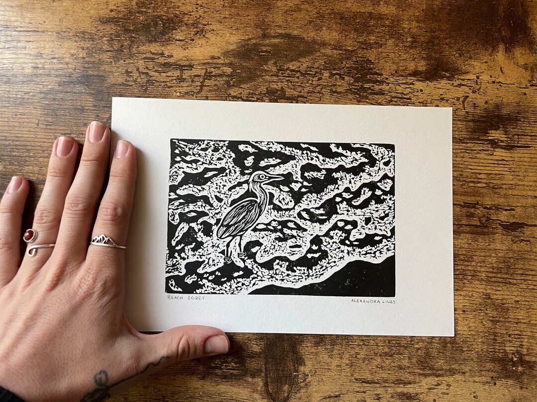 Beach Egret- Original Linocut Print of a Small Egret Walking Through ...