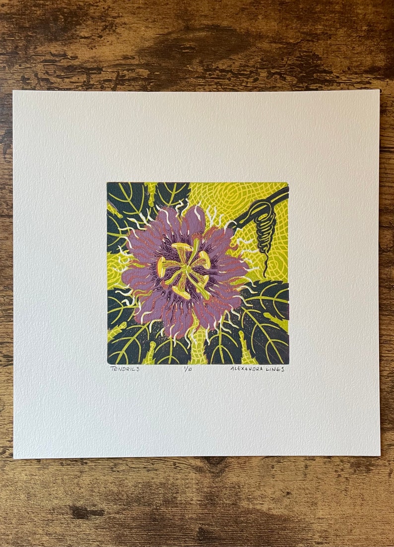 Tendrils Original Limited Edition Reduction Linocut Print Passionflower ...