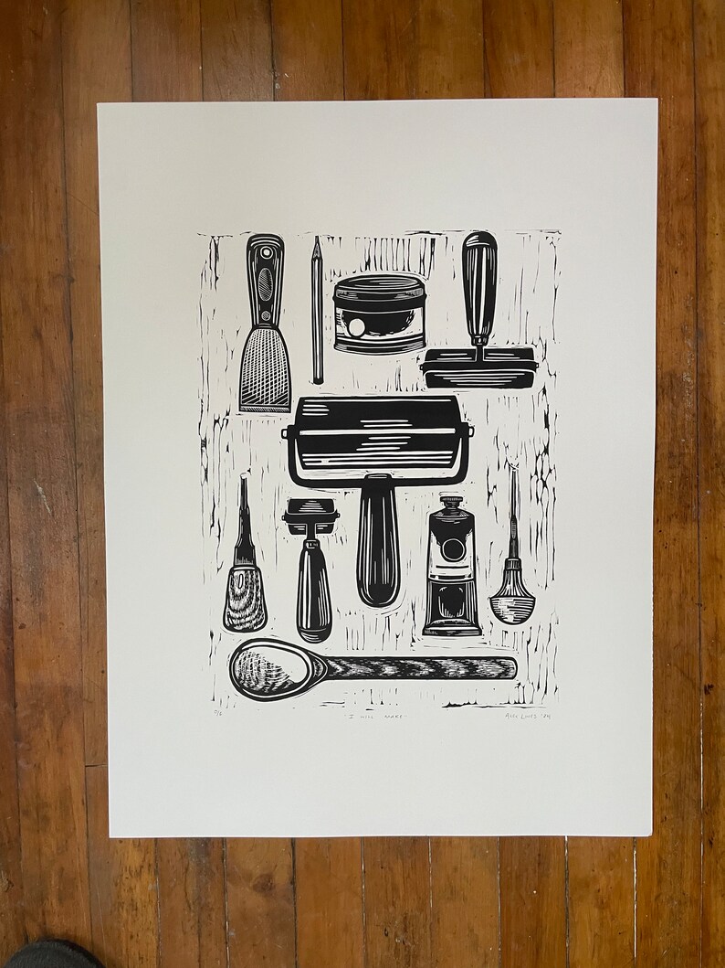 I Will Make- Original Linocut Print of Printmaking Equipment - Etsy