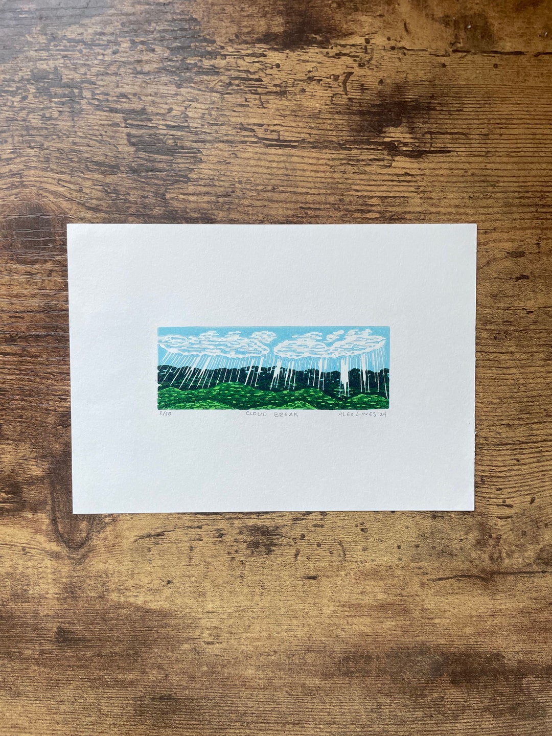 Cloud Break- Original Reduction Linocut Print of a Cloud Break Over the ...