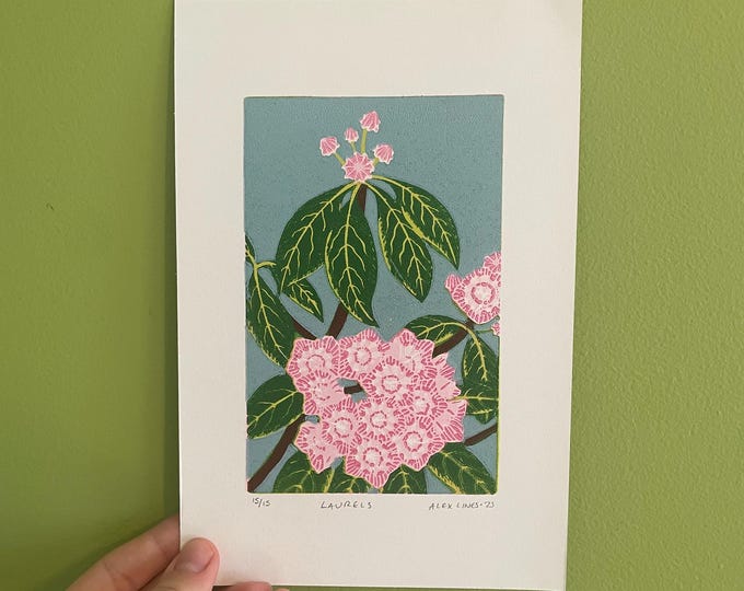 Laurels- Original Limited Edition Reduction Linocut Print of a Mountain ...