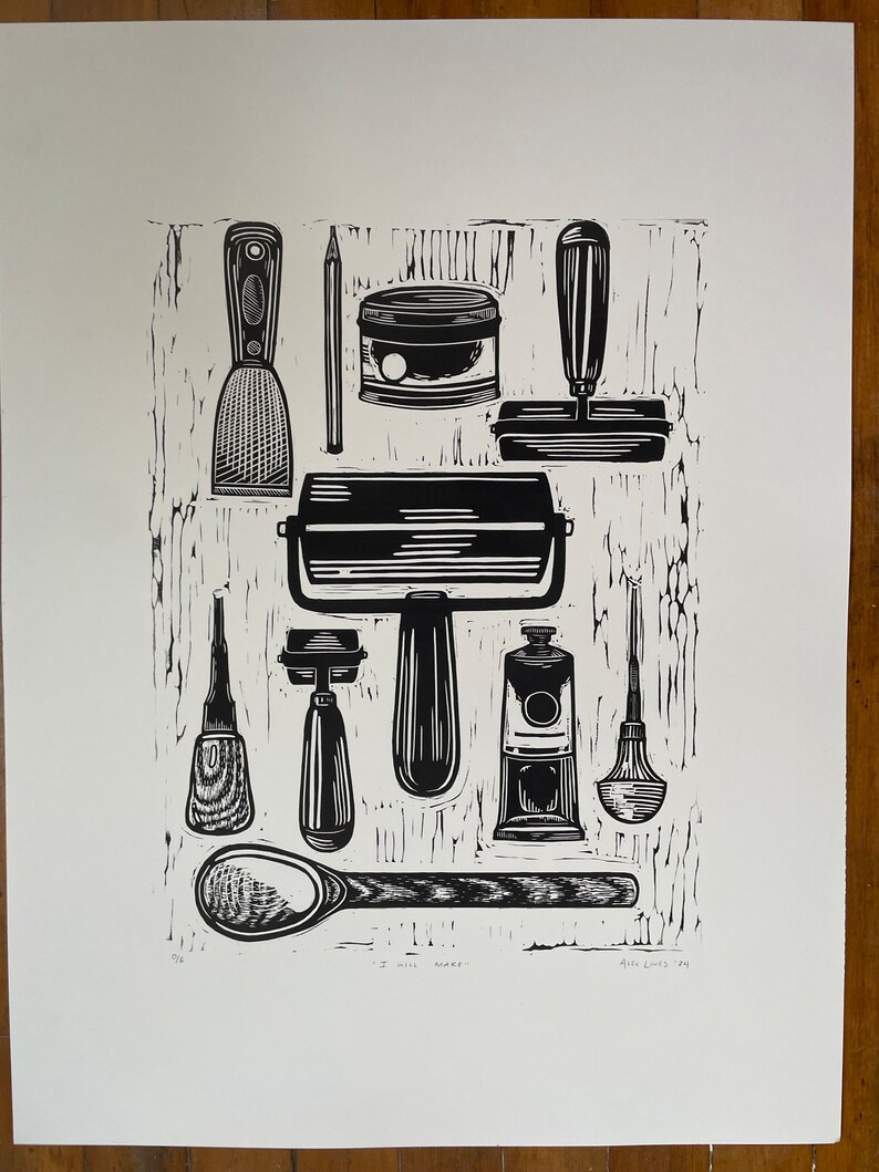 I Will Make- Original Linocut Print of Printmaking Equipment - Etsy